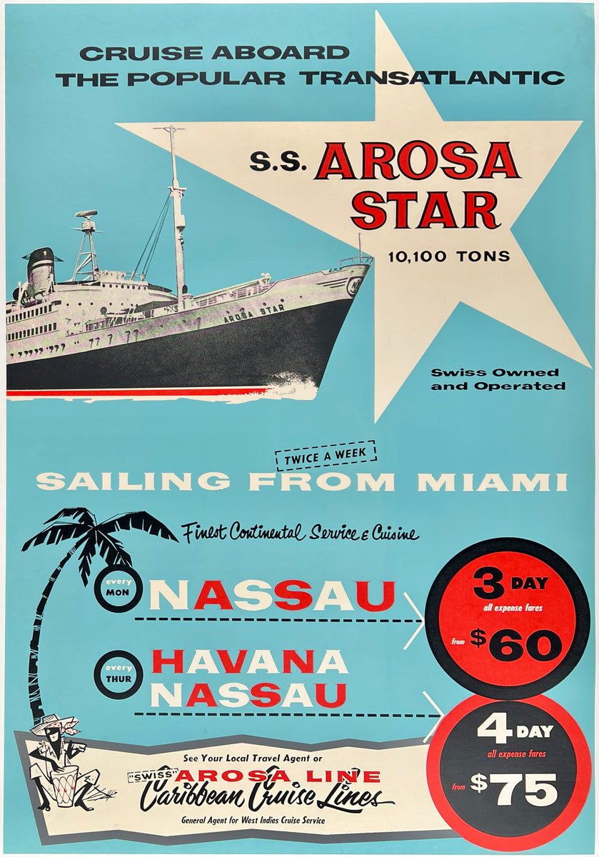 Original Vintage Poster S.S. AROSA STAR - CRUISE ABOARD THE POPULAR ...