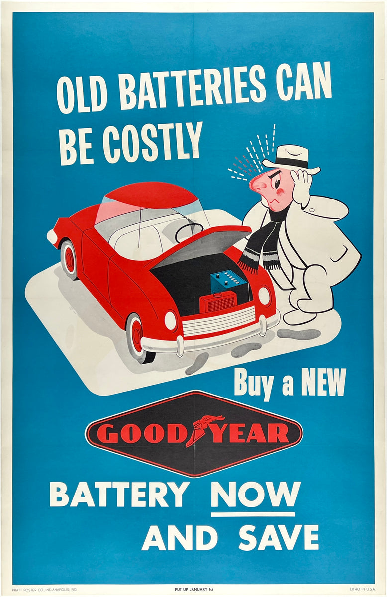 Original Vintage Poster GOODYEAR - OLD BATTERIES CAN BE COSTLY ...